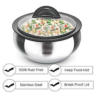 Milton Casserole with Glass Lid Set of 3 for Hot Food, Insulated Hot Pot, Stainless Steel, Serving Box (bowl, dish) for Food and Roti, Sizes 19 oz, 41 oz and 66 oz, Clarion