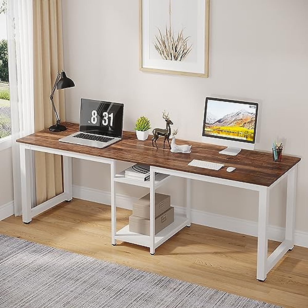 Tribesigns 78 Inches Computer Desk, Extra Large Two Person Office Desk with Shelf, Double Workstation Desk for Home Office (Brown/White)