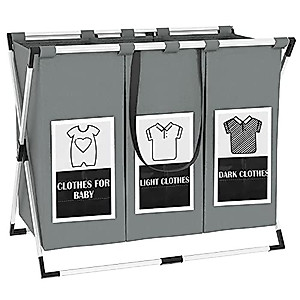 C&AHOME Laundry Basket 3 Sections, 135L Foldable Laundry Hamper Basket Sorter with Waterproof Oxford Bag and Aluminum Frame, Laundry Sorter Storage Dirty Clothes Bag for Bathroom Bedroom, Grey AFLH03G
