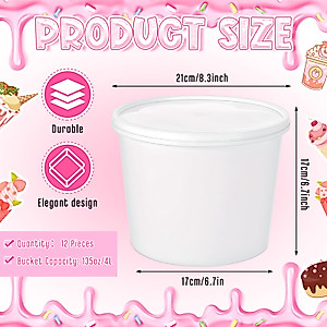 12 Pcs 1 Gallon Ice Cream Buckets with Lids 135 oz Round Plastic Bucket Food Storage Containers Cocktail Rum Buckets for Drinks Freezer Safe Ice Cream Tubs for Deli Soup Meal Flour (Light Color)