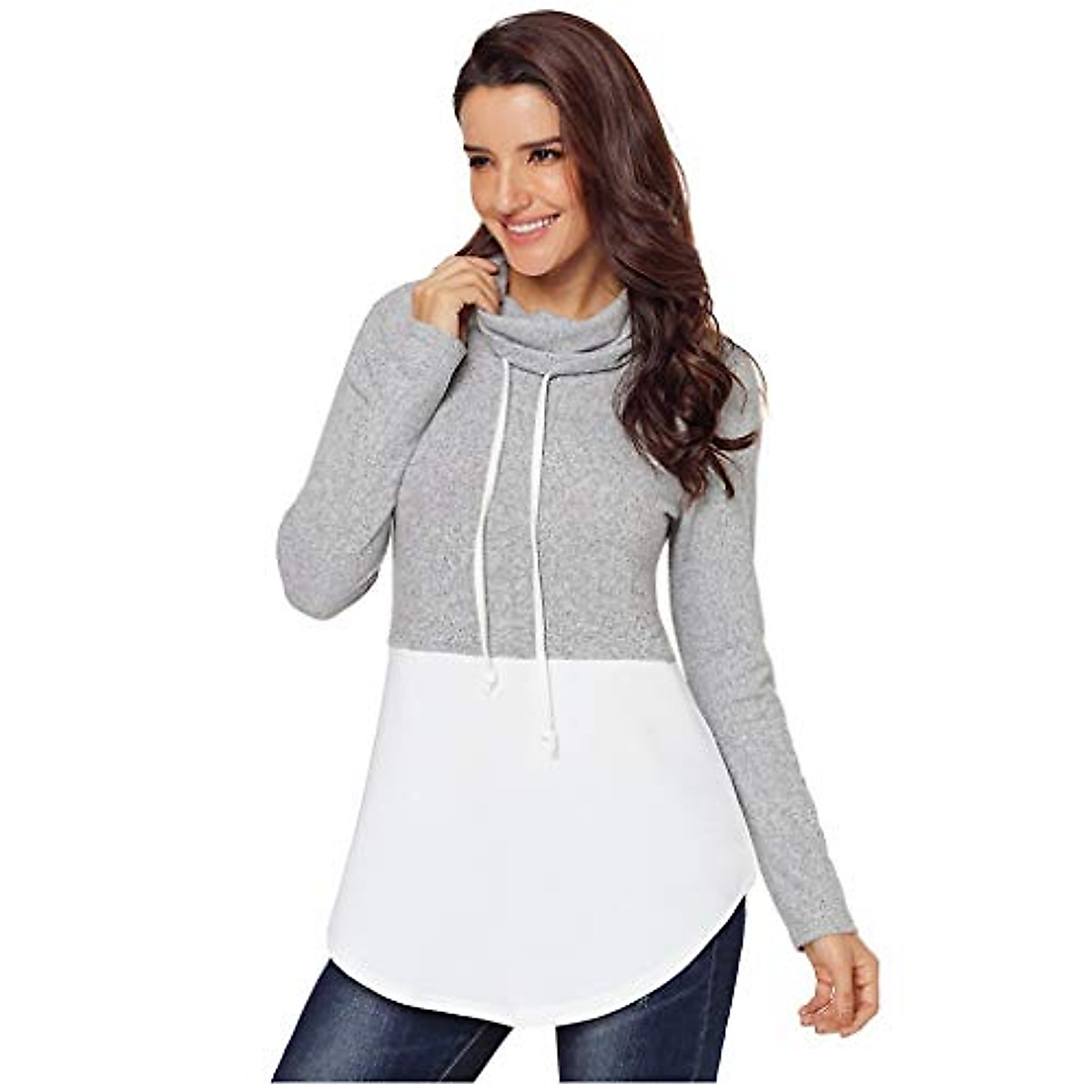 Women Cowl Neck Casual Tunic Sweatshirts Mitiy Drawstring Long Sleeve Color Block Patchwork Pullover Tops