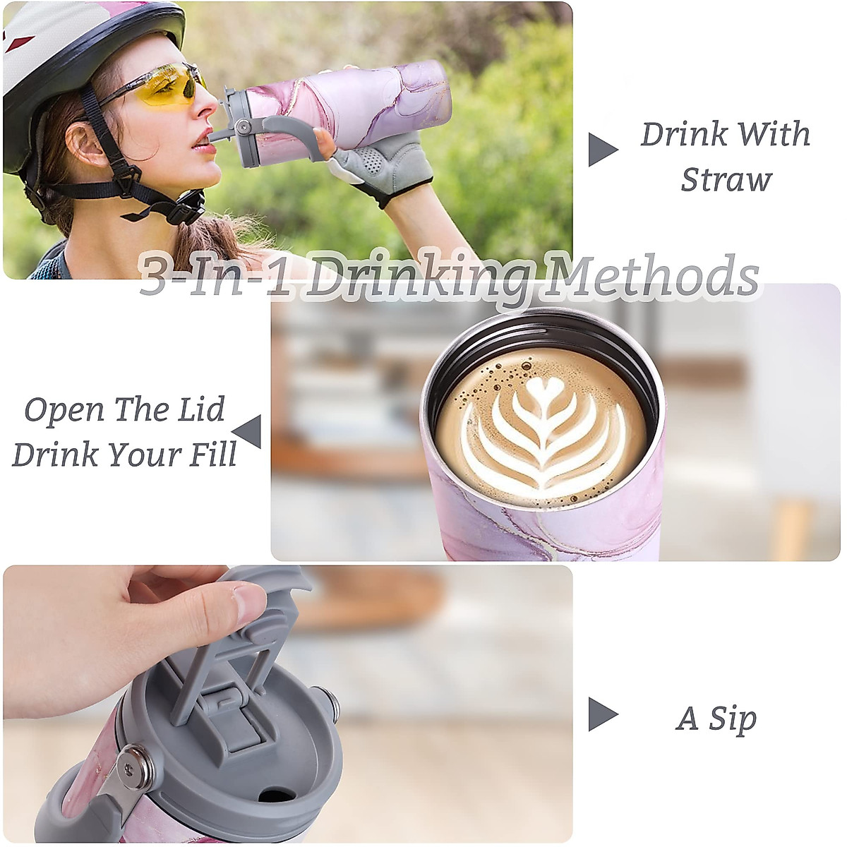 SOMANT 30oz Tumbler with Handle Lid and Straws Stainless Steel Insulated Reusable Double Wall Hot and Cold Beverages Travel Mug Spill Proof Home and Office Water Bottle Thermal Cup