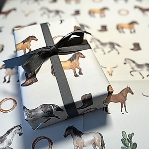 REVEL & Co Western Horses Birthday Gift Wrap by Hoot LeRoux—Horse Wrapping Paper Folded flat, 27 x 39 inches—Cowboy Wrapping Paper with Horses, Cowboy Boots, Cow Skulls, and Cactus