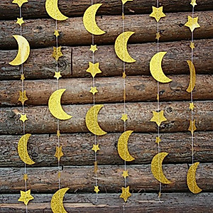 Mybbshower Gold Glitter Moon and Stars Garland Children's Birthday Party Nursery Room Decoration 12 Feet