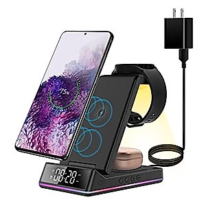 Wireless Charger with Clock/Alarm for Samsung Charging Station, 3 in 1 Android Phone Multiple Devices Charger for Galaxy S22 Ultra/S21/Z Flip/Fold 4/Buds/Galaxy Watch 5/Pro/4/3(Only for Samsung Watch)