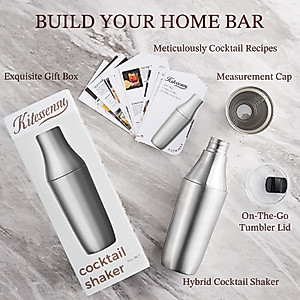 Kitessensu Hybrid Cocktail Shaker | Vacuum Insulated Stainless Steel Martini Shaker with Double Wall Martini Cup | Integrated Measuring System | Tumbler Lid & Cocktail Recipes Included | Silver