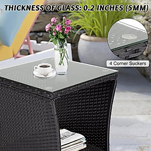 Kinsunny Square Glass Top Wicker Coffee Table, Outdoor Side Tables with Storage, Patio Furniture Patio Coffee Bistro Table PE Rattan Wicker Side Table w/Glass Top Indoor Outdoor, Black