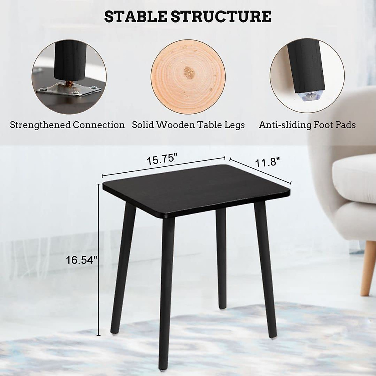 FORAOFUR Black Side/End Table, Modern, Minimalist Wooden Small Accent Table with Natural Legs for Living Room, Bedroom, Balcony and Office, Home Decor