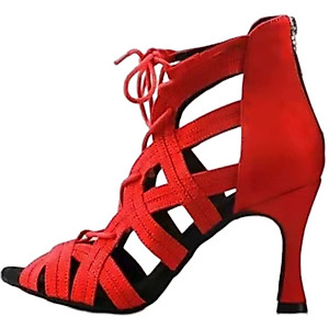 Womens Mesh Ventilated Ankle Strap Latin Dance Boots Peep Toe Lace Up Ballroom Party Tango Salsa Samba Custom Heela Red US 11.5
