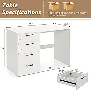 COSTWAY White Computer Desk with 4 Large Drawers, Home Office PC Desk Workstation for Writing, Modern Computer Table for Bedroom, Study, Living Room