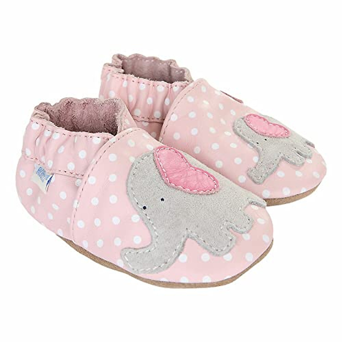 Robeez Baby Girls Little Peanut Shoes Soft Soles Traditional Silhouette Pink and White Polka Dots with Elephant 6-12 Months Infant