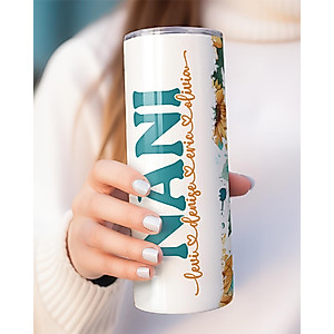 Personalized Nani Tumbler, 20 oz Stainless Steel Sunflower Cup with Lid & Straw, Custom Grandma Gift with Grandkids’ Names, Floral Grandmother Coffee Mug for Birthday, Mother’s Day or Christmas