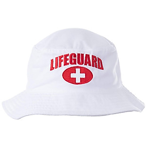 Ann Arbor T-shirt Co. Lifeguard Bucket Hat | Professional Guard Red Sun Cap Men Women Costume Uniform - White