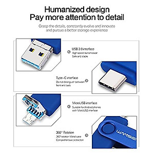Wansenda 3 in 1 128GB USB Flash Drive USB 3.0/3.1 & Type-C & Micro USB C Pen Drive for Android Devices/PC/Tablet/Mac (128GB, Blue)