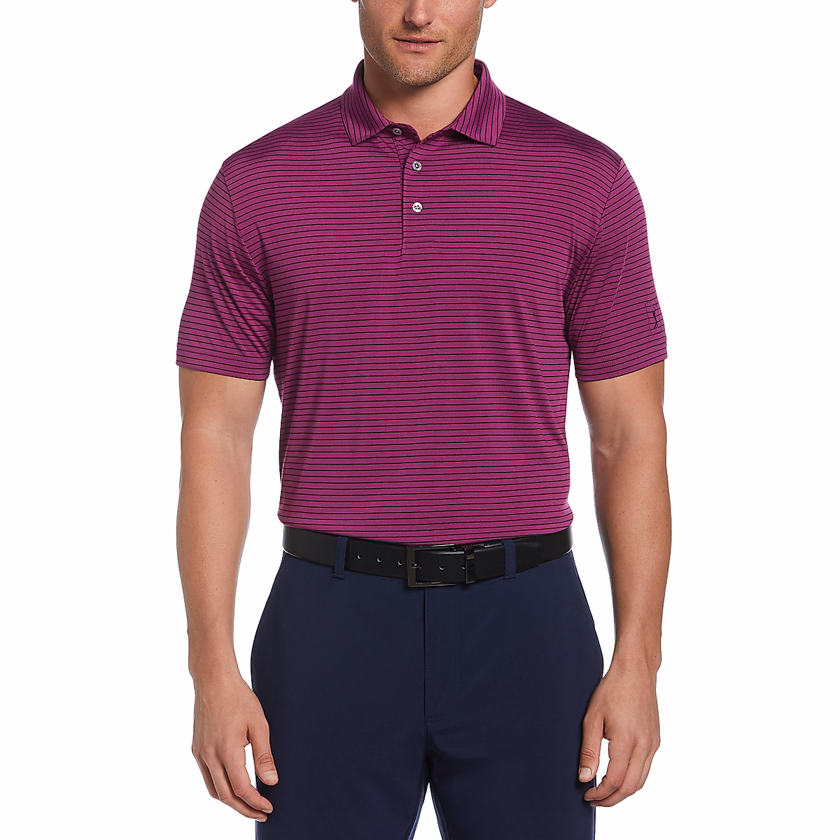 PGA TOUR Men's Short Sleeve Single Feeder Stripe Polo Shirt, Grape Juice, X-Large