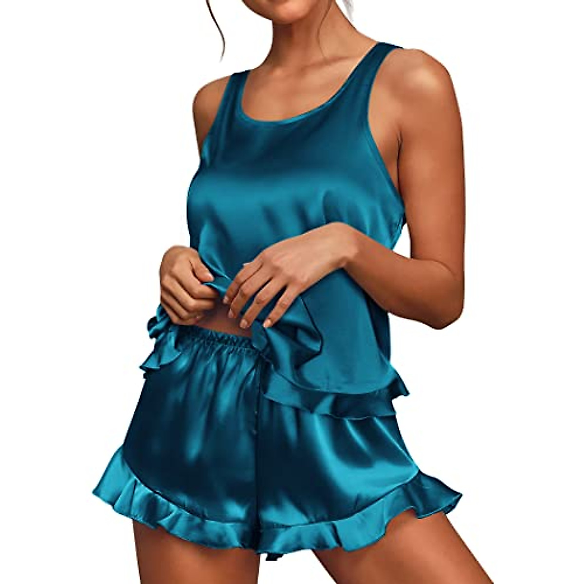 Ekouaer Silk Pajamas Set Women Satin Sleepwear 2 Piece Pjs Tank Top and Shorts Sleep Nightwear Gift Blue Green M