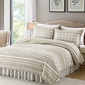 BCOTTOND King Quilt Set, 100% Cotton Boho Quilt King Size Bohemian Striped Pattern Bedspread King Lightweight Quilt Bedding Set Comforter Set All Season Beige Tan White 3 Piece