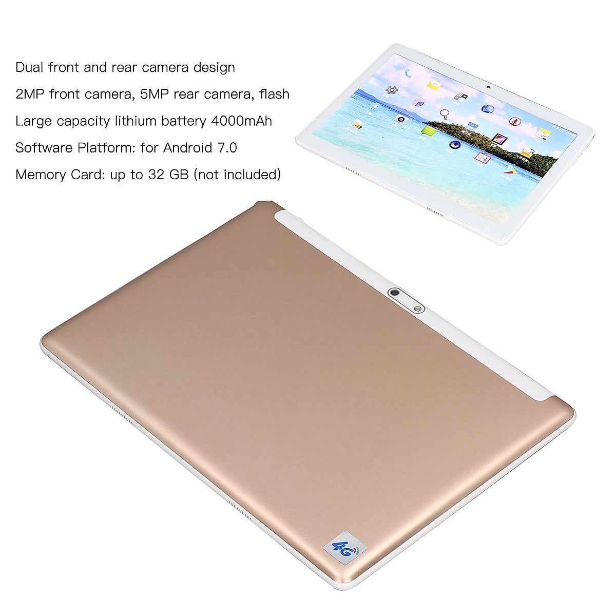 Smart Tablet, 10.1in HD IPS Large Screen, 2G RAM 32G ROM Quad Core, 2MP Front Rear 5MP with Flash, Metal CNC High Gloss Edge Body, 4000mAh Tablet for Android 7.0(USA)
