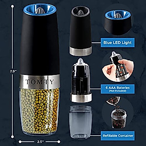 (2 Pack) Gravity Electric Salt and Pepper Grinder Set Battery Operated One Hand Automatic Operation, Adjustable Coarseness Mill Grinders Shakers LED Light Stainless Steel, Kitchen Gadgets Gifts Ideas
