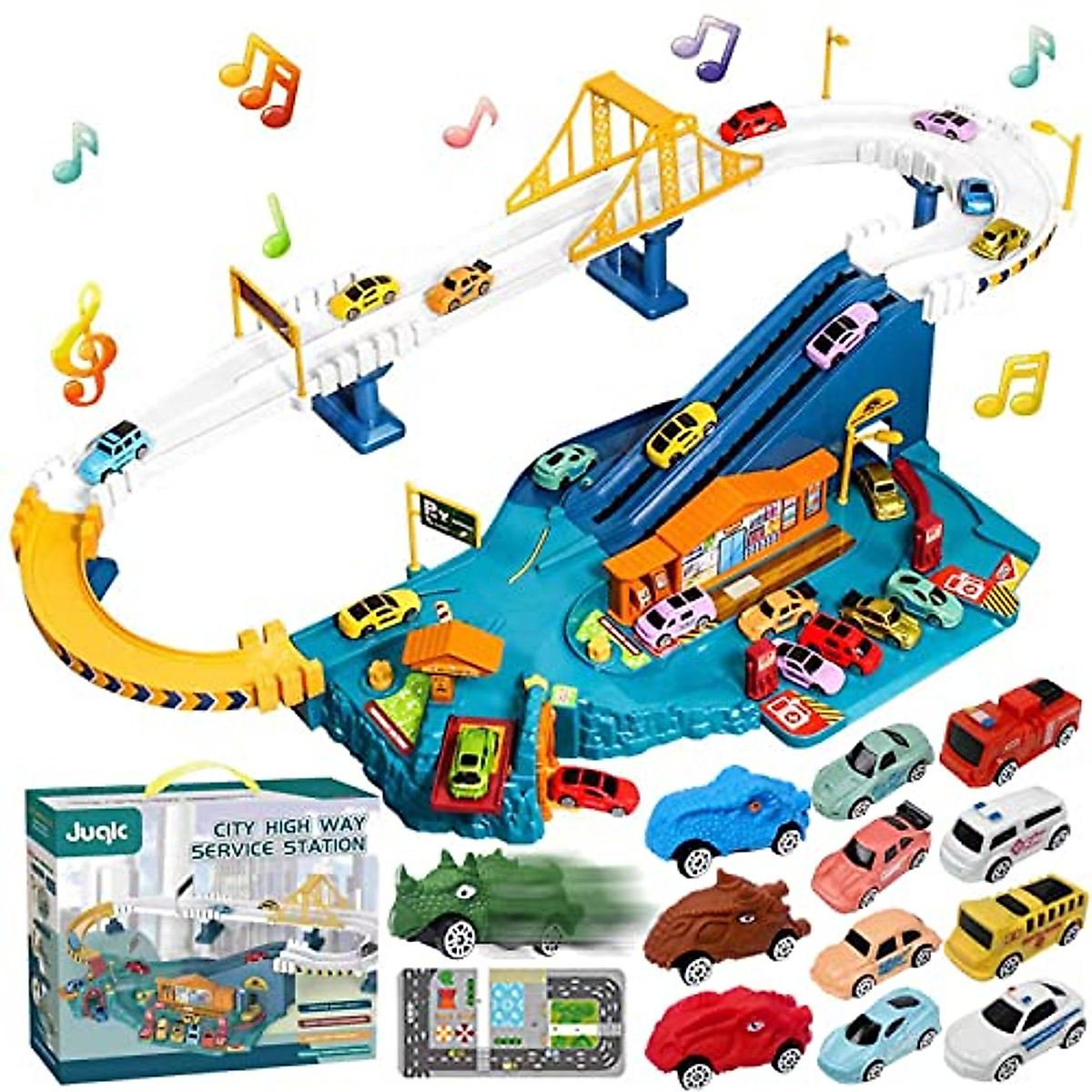 Juqic Car Playset Toy Ramp Track Set Model Vehicles Racer Cars Play Set with 8 Mini Racer Cars and 4 Dinosaur Cars Track for Preschool Boys Gifts for Kids Ages 3 Years or Older Children (City Highway)