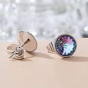 Round Austrian Crystal Stud Earrings for Women Fashion 925 Sterling Silver Hypoallergenic Jewelry (Vitrail Light)