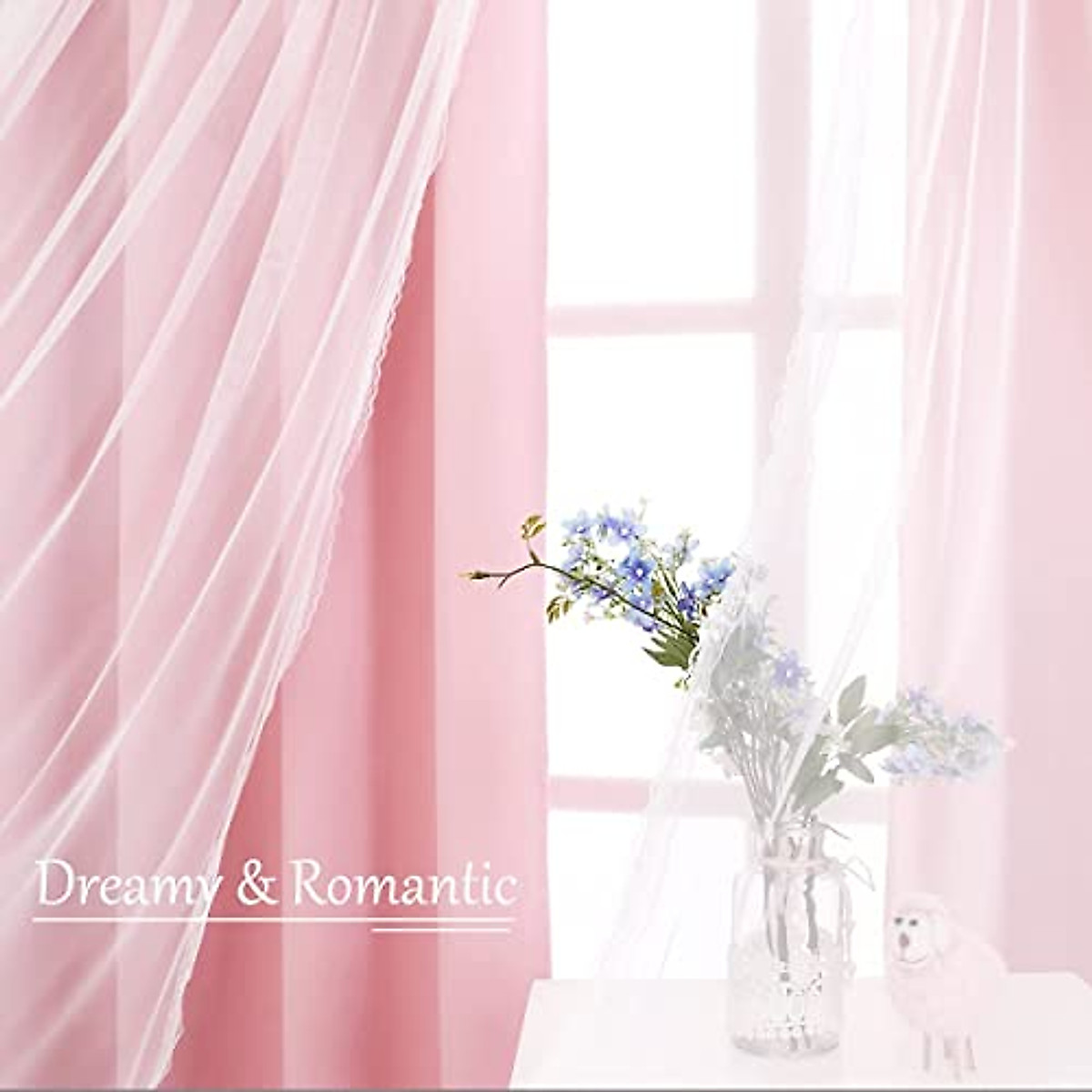 SOFJAGETQ Double Layered Blackout Pink Curtains - Princess Girls Curtains & Draperies Panels for Kids Bedroom Living Room Nursery Pink Lace Hem Room Darkening Curtains, 52x84 inches, 2 PCs