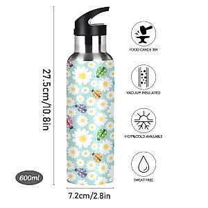 linqin Flowers and Ladybugs Stainless Steel Insulated Water Bottle with Straw, BPA Free Leakproof Reusable Drink Jug for Fitness Sports Hiking Outdoors