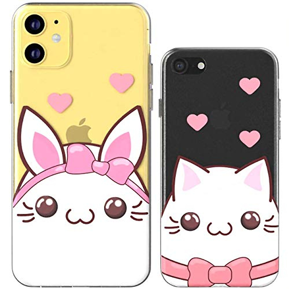Toik Matching Couple Cases for Apple iPhone 11 Pro Xs Max Xr 10 X 8 Plus 7 6s 5s SE Kawaii Flexible Design Cat Clear Girlfriend Cute TPU Lovely Protective Gift Print Silicone Bow Bunny