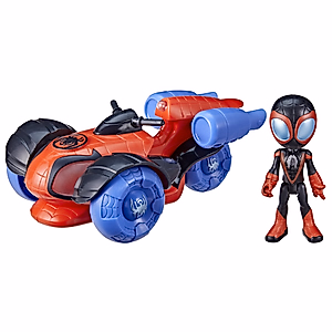 Spidey and His Amazing Friends Glow Tech Techno-Racer Toy Car with Miles Morales Spider-Man Action Figure, Marvel Super Hero Preschool Toys for 3+ Year Old Kids, Lights & Sounds