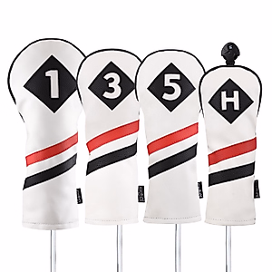 Majek Retro Golf Headcovers White Red and Black Vintage Leather Style 1 3 5 H Driver Fairway Woods and Hybrid Head Cover Classic Look