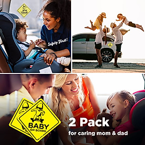 LAVMO Baby On Board Sticker For Cars (2 Pcs) - Bright Yellow Reflective Safety Signs - 5"x5" Funny and Cute Safety Caution Decal Sign for Window and Bumper - No Need for Suction Cups and Magnets