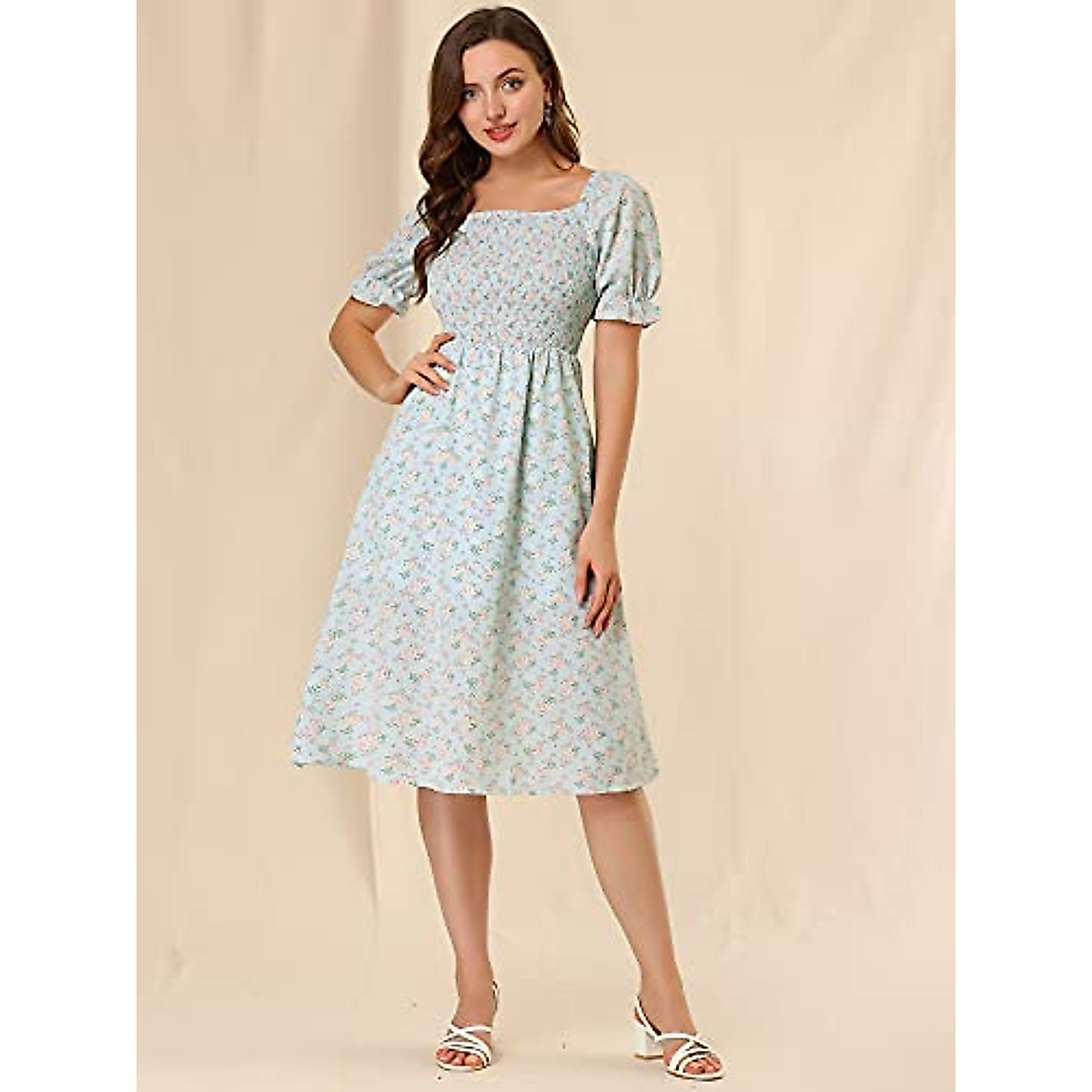 Allegra K Women's Square Neck Puff Sleeves Casual Midi Smocked Floral Dress X-Small Blue
