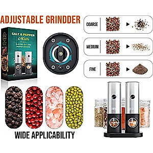 Electric Pepper and Salt Grinder Set, Adjustable Coarseness, Battery Powered with LED Light and Storage Base, One Hand Automatic Operation, Stainless Steel, 2 Pack
