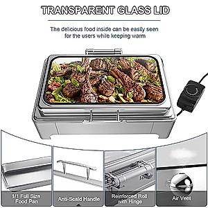 THXSUN Electric Chafing Dish Buffet Set, 9QT Stainless Steel Chaffing Dishes, 400W Buffet Servers and Warmers with Glass Lid, 9 Heating Levels, Food Warmers Chafers for Party Catering (1/1 Full Size)