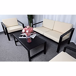 Double Armchair, Modern Design Outdoor Patio Furniture with Cushions in Stripe,Aluminum Fram, Backyard Porch Poolside Lawn with Coffee Table(Beige)