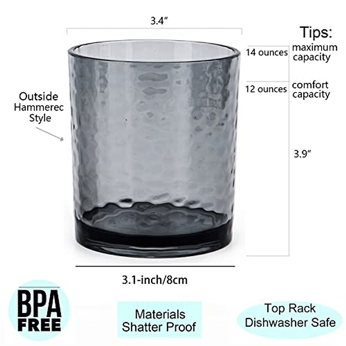 KX-WARE 14-ounce and 20-ounce Acrylic Glasses Plastic Tumbler, set of 8 Smoky Grey - Hammered Style, Dishwasher Safe, BPA Free