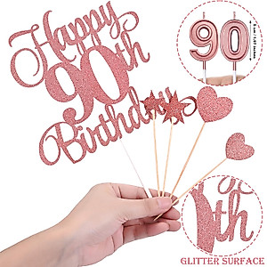 90th Birthday Cake Decorations Set Include 90th Birthday Candles Numeral 90 Cake Candles and Happy 90th Birthday Cake Toppers with Heart Star Cupcake Picks for Birthday Party (Rose Gold Series)