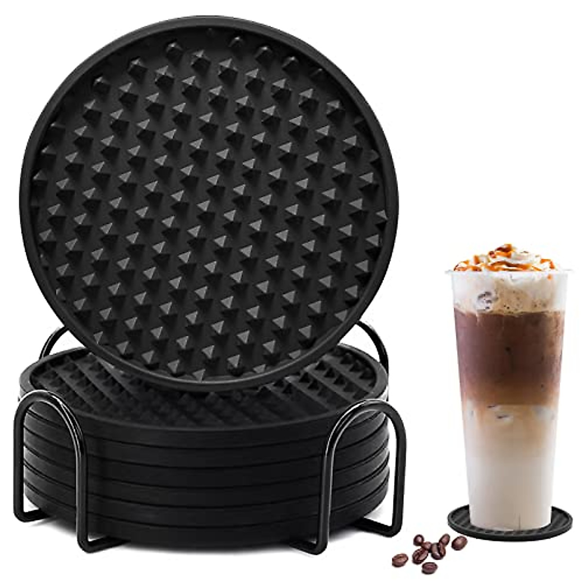 WEGO Coasters for Drinks Set of 6 with Holder, Silicone Coasters Tabletop Protection for Any Table Type, Wood, Glass, Stone Tables, Dishwasher Safe, Washable and Heat Resistant Coffee Coasters (Black)