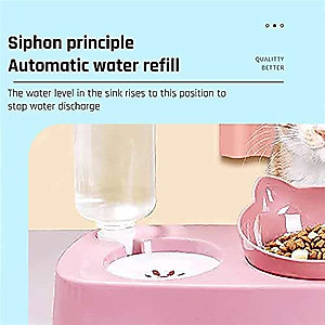 Cat Dog Water and Food Bowls, Tilted Raised Water Bottle and Food Bowl Set, Automatic Feeder Pet Food Bowl with Water Dispenser, Pet Bowl Sets, Pink for Kitten and Puppy, 11.81 x 6.5 x 11.02 inches