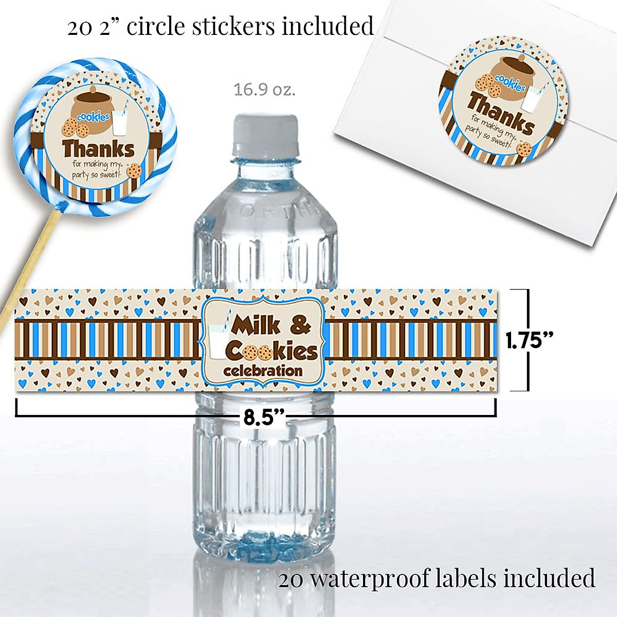 Milk and Cookies Boy Birthday Party Bundle Includes 20 each of Invitations & Thank You Cards with Envelopes + 2 Different Sizes of Stickers, Mini Candy Bar Wrappers, & Water Bottle Labels!