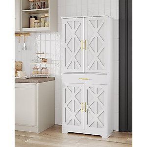 Hzuaneri 72" Kitchen Pantry Storage Cabinet, Tall Pantry Cabinet with Barn Doors & 7 Adjustable Shelves, Drawer, Freestanding Buffet Cupboards Sideboard for Kitchen, Dining Room, White PT02403X