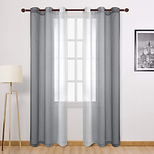 DWCN Grey Faux Linen Ombre Sheer Curtains - Semi Voile Gradient Grommet Top Curtains for Bedroom and Living Room, Set of 2 Window Curtain Panels, 42 x 84 Inches Long