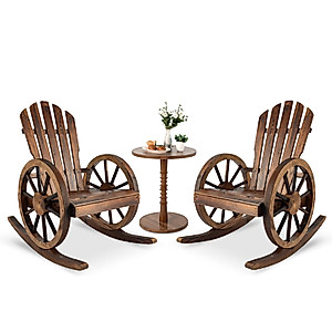 FURNDOOR Wooden Wagon Wheel Rocking Chair Set, 3PCS Outdoor Rocking Bistro Set Rustic Rocker with Coffee Table for Backyard Porch Poolside Lawn