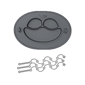 Silicone Suction Toddler Plates - Baby Plate Placemat for First Foods,Self-Feeding Plate for Kids + 3 Divided + 2 Tethers - Dishwasher Safe (Grey)