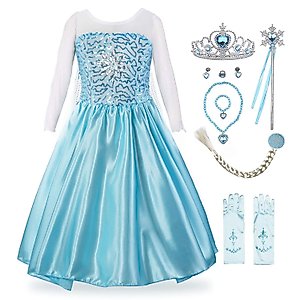 Padete Little Girl Princess Dress Snow Party Queen Halloween Costume Sky Blue with Accessories (7 Years, Sky Blue with Accessories)