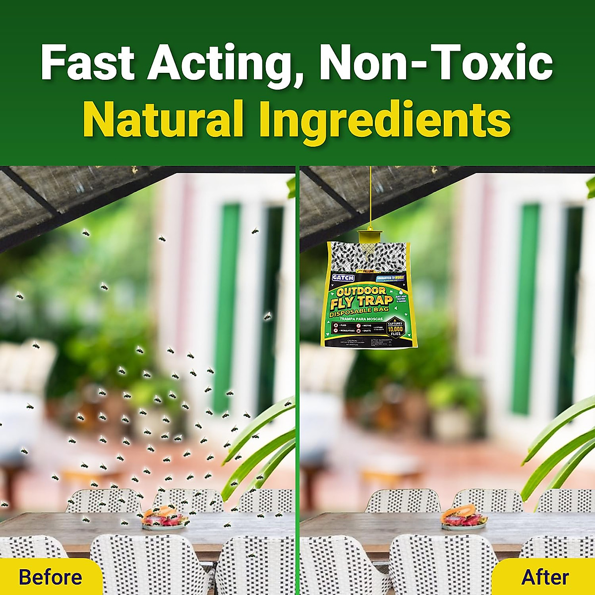 Outdoor Fly Trap Bags (5 Pack), Disposable, Hanging Fly Catcher with Bait, Outdoor Use Fly Hunter Repellent Control Catcher Killer, Flies Trap for Barn, Farm, Mosquito, Bugs, Gnats, Ready to Use