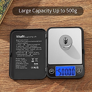 Vitafit 500g Digital Pocket Gram Scale 0.01g Accuracy, Weighing Professional Since 2001, High Precision Scale Grams for: Lab, Food, Kitchen, Coffee, Jewelry; Black