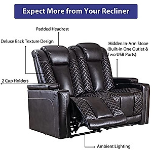 CANMOV Home Theater Seating, Electric Power Recliner with USB Ports and Cup Holders, Breathable Faux Leather Loveseat with Hidden Arm Storage, Ambient Lighting (Row of 2 Loveseat, Brown)