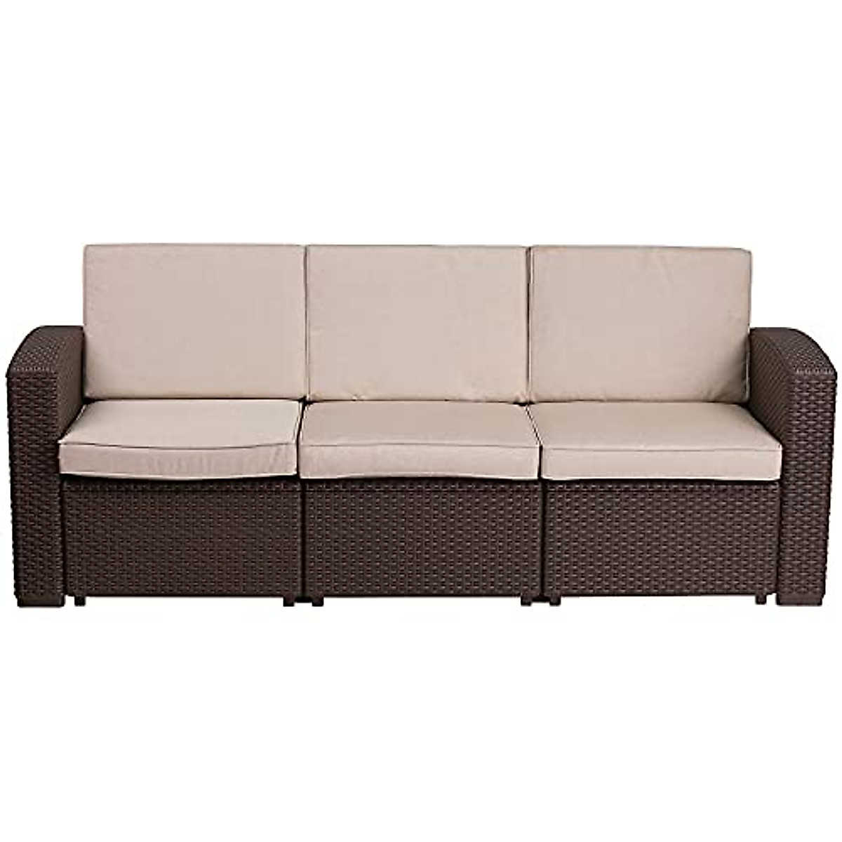 Flash Furniture Chocolate Brown Faux Rattan Sofa with All-Weather Beige Cushions