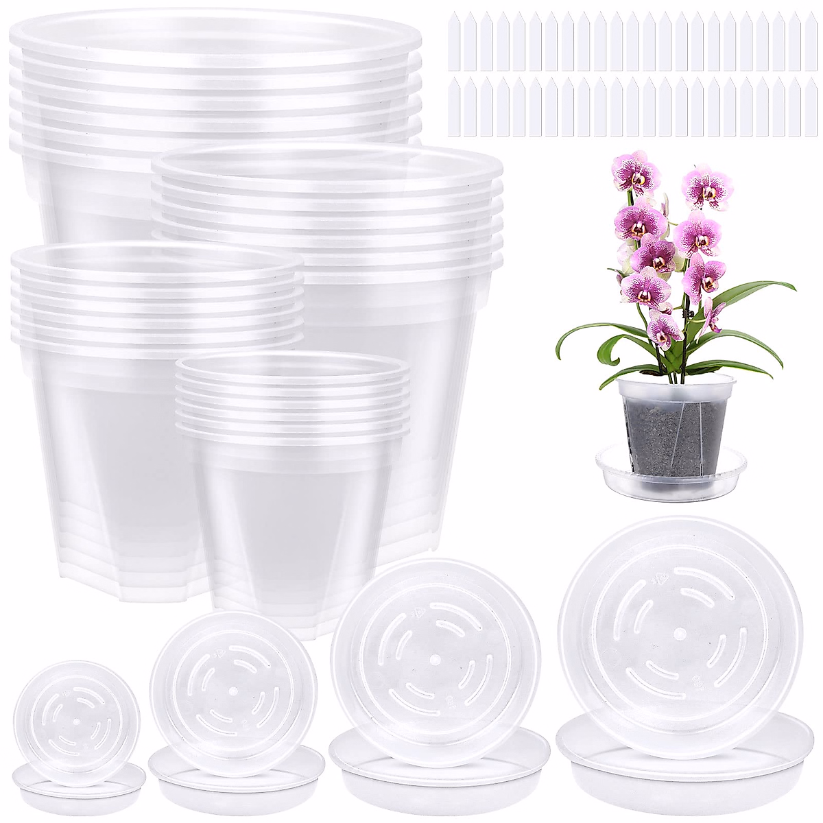 Ioffersuper 18-Pack Nursery Pots Clear Pots with 18 Tray, 4 Sizes Plastic Pots for Transplant and Seedlings Starter Plants Planting Pots, 100 Pcs of Plant Labels